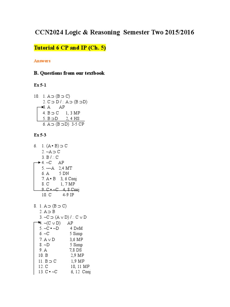 Logic proofs and symbolizations from CCN2024 Tutorial 6 | PDF | Teaching Mathematics