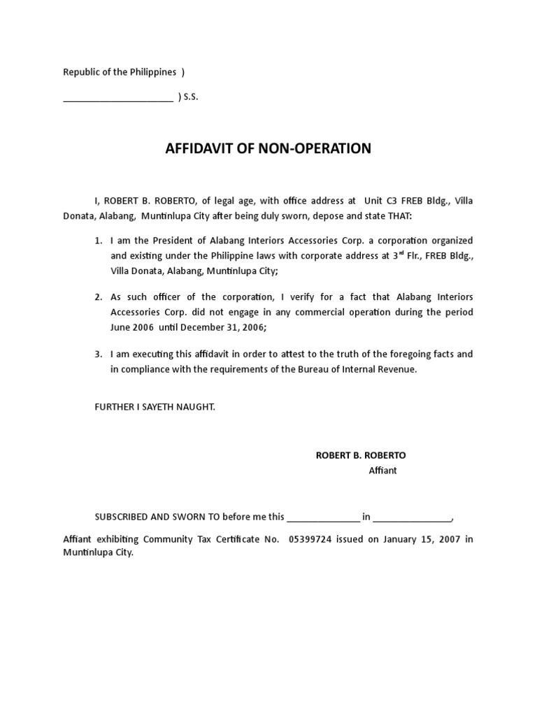 Affidavit of Non-Operation | PDF