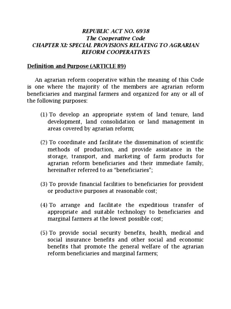 Republic Act No. 6938 The Cooperative Code Chapter Xi: Special ...