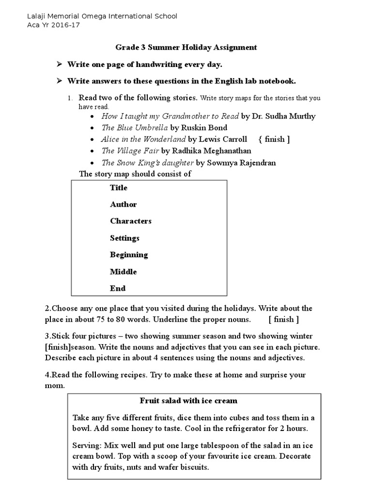 Grade 3 Summer Holiday Assignment: 1. Have Read | PDF | Foods