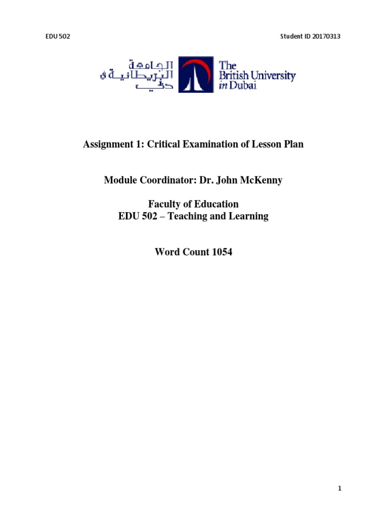Assignment 1: Critical Examination of Lesson Plan | PDF | Lesson Plan ...