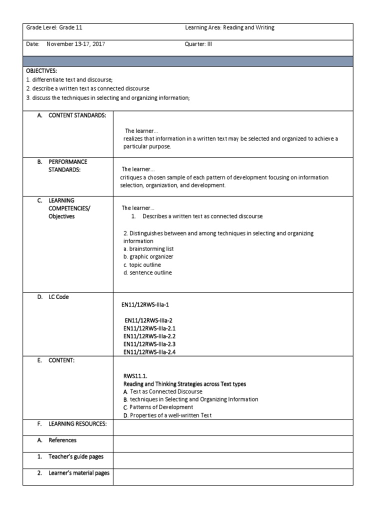daily lesson plan | Brainstorming | Speech