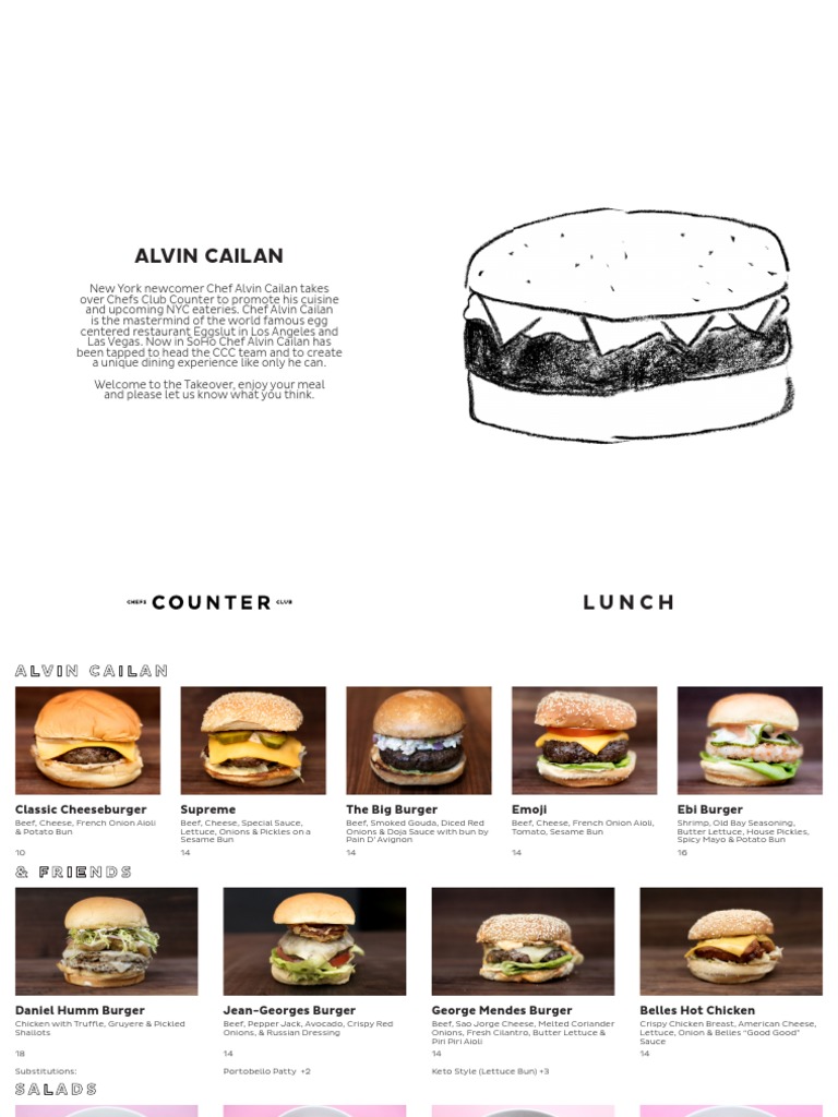 Chef's Club Counter Lunch Menu From Alvin Cailan | PDF | Hamburgers | European Cuisine