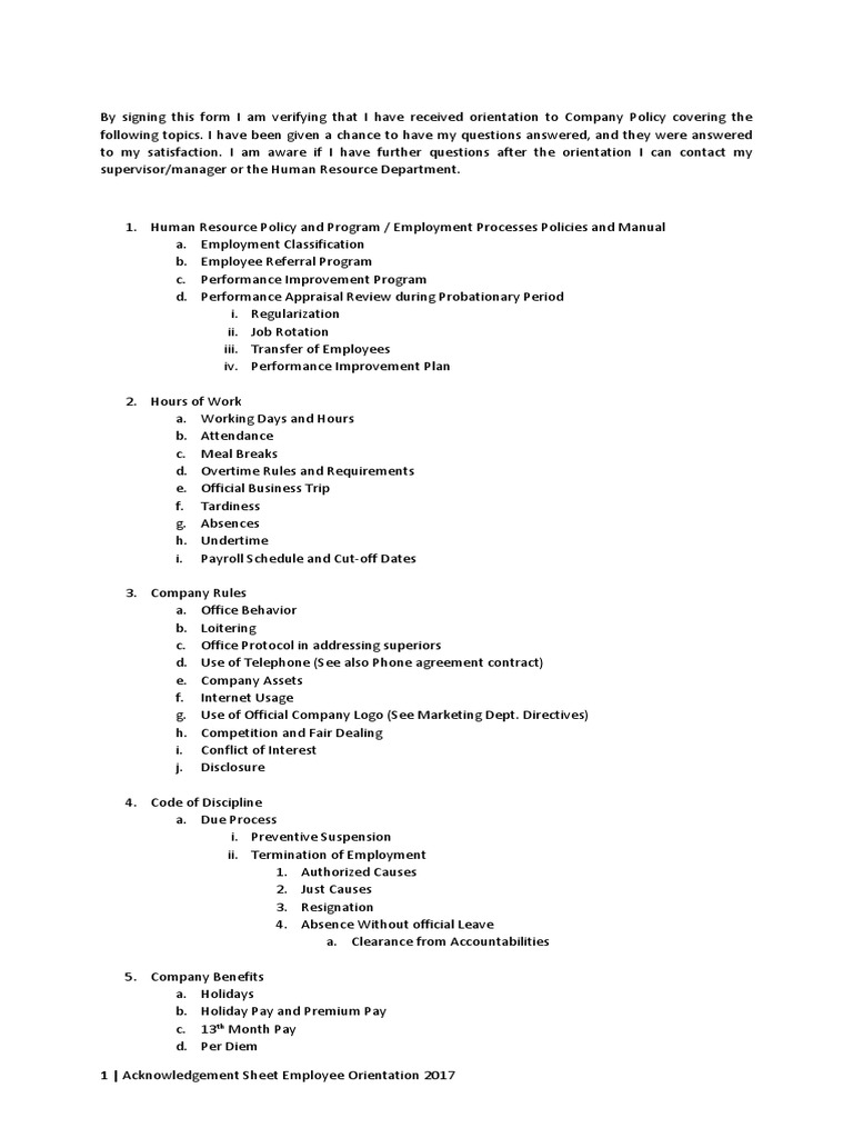 SAMPLE - Acknowledgement Sheet Employee Orientation | PDF | Employment ...