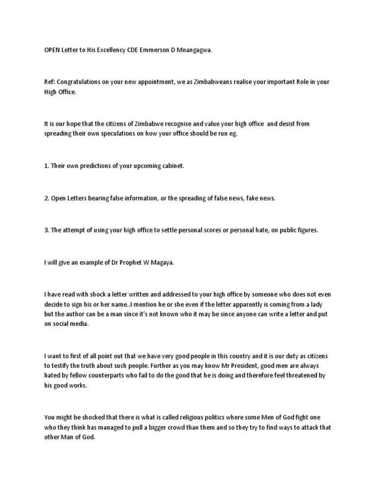 OPEN Letter To His Excellency CDE Emmerson D Mnangagwa | PDF | Zimbabwe OPEN Letter To His Excellency CDE Emmerson D Mnangagwa | PDF | Zimbabwe
