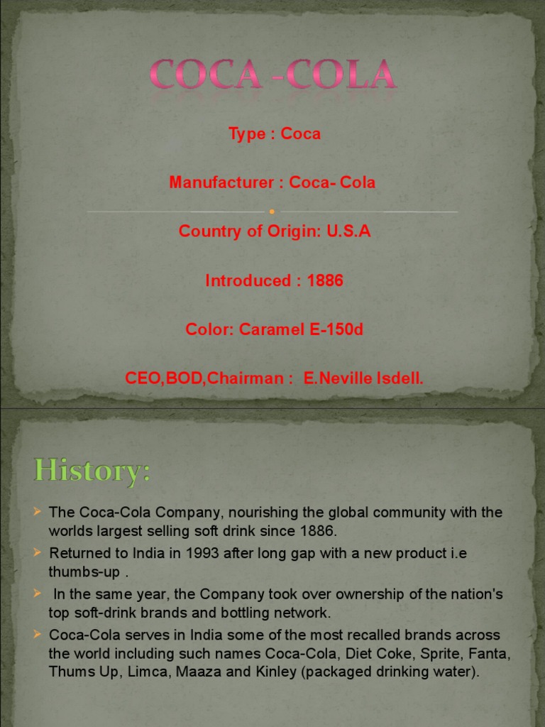 Type: Coca Manufacturer: Coca-Cola Country of Origin: U.S.A Introduced ...