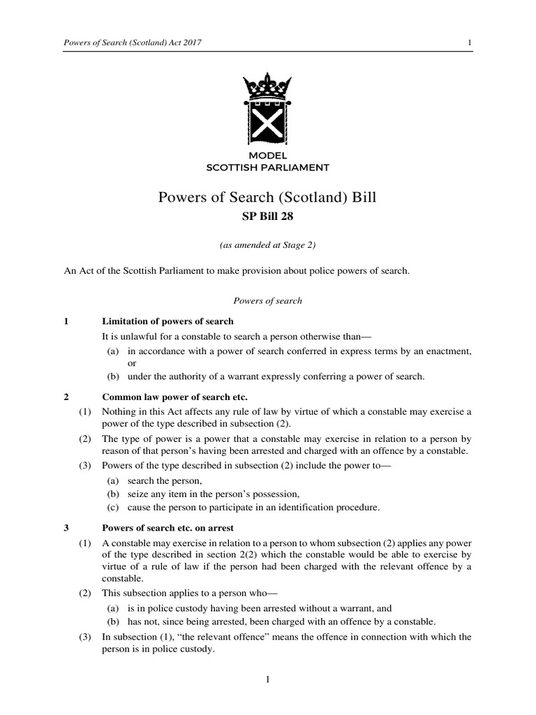 SPB028 - Powers of Search (Scotland) Bill 2017 | PDF | Arrest | Search ...