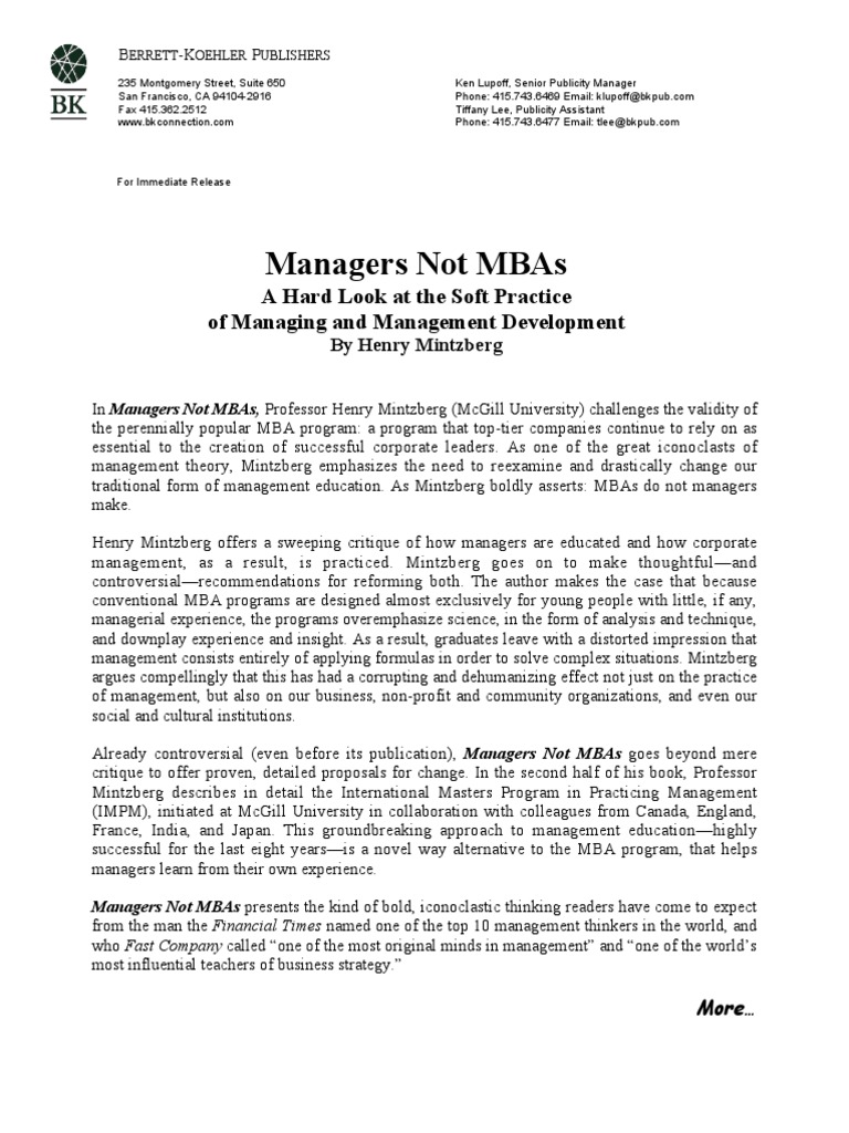 Managersnotmbas PR | PDF | Master Of Business Administration | Behavior ...