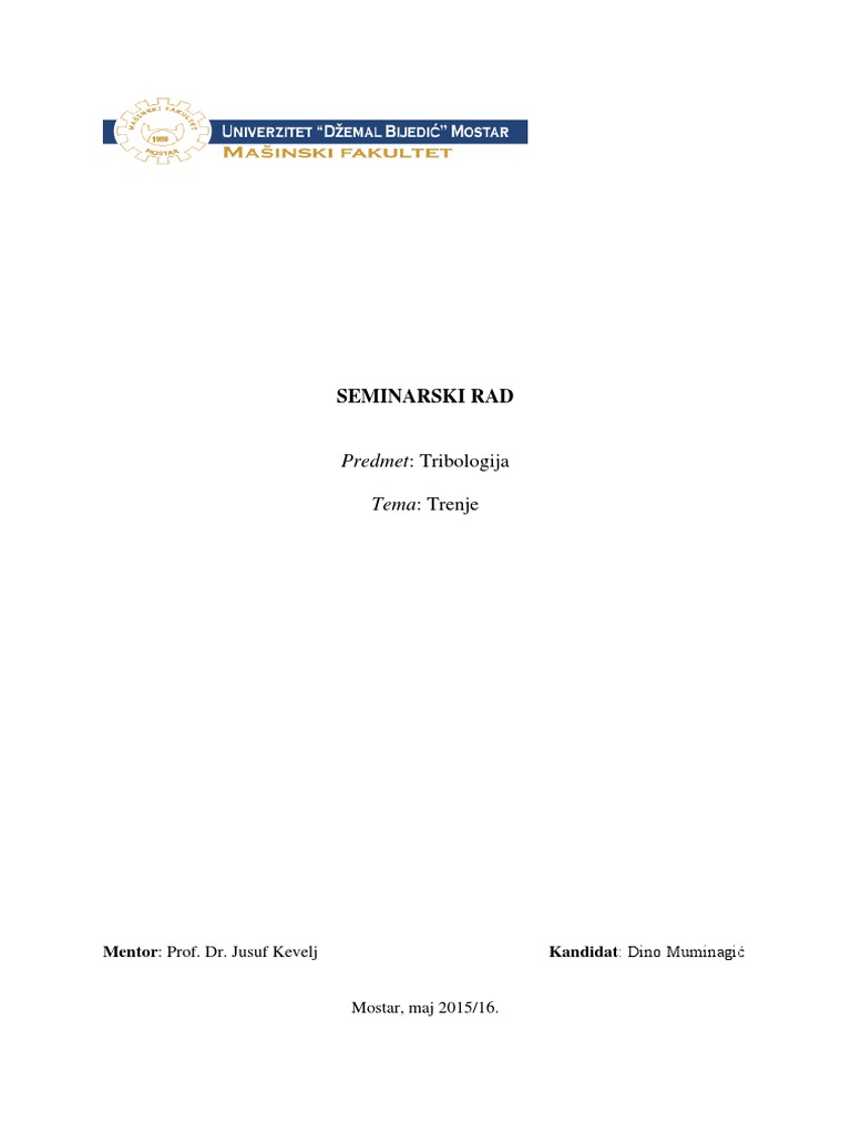 Tribologija - Seminarski Rad Trenje | PDF