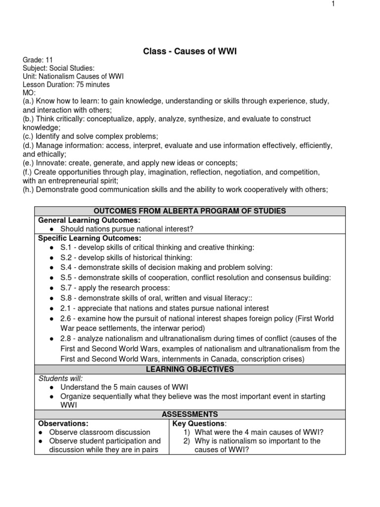 Causes of Wwi Lesson Plan | PDF | Critical Thinking | Cognition
