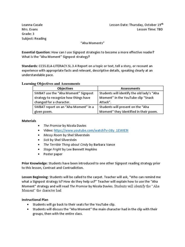 Aha Moment Lesson Plan | PDF | Educational Assessment | Lesson Plan