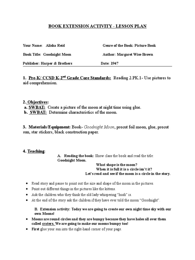 Book Extension Activity Lesson Plan - Goodnight Moon Ece 260 Picture ...