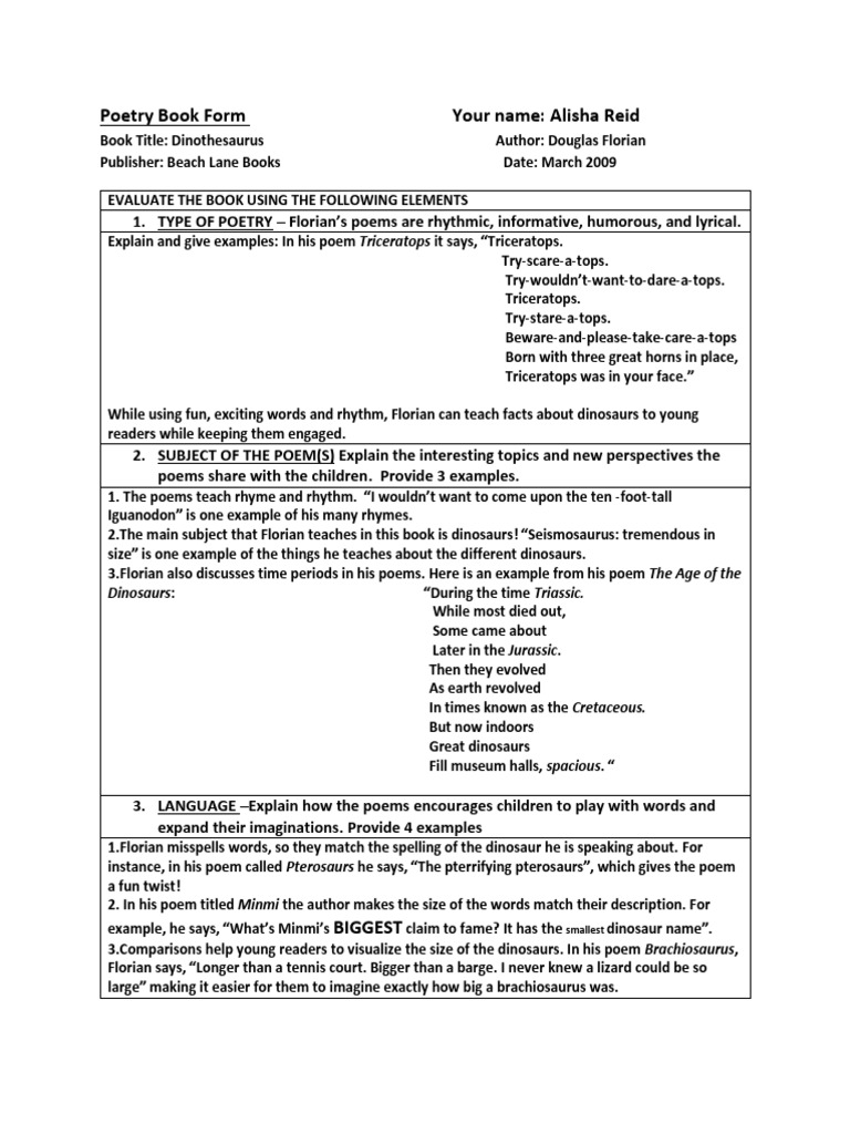 Poetry Book and Poetry Form-1 Long Form Ece 260 Dinosauthaurs Artifact ...