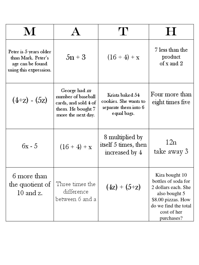 Grade 6 Math Bingoboard | PDF