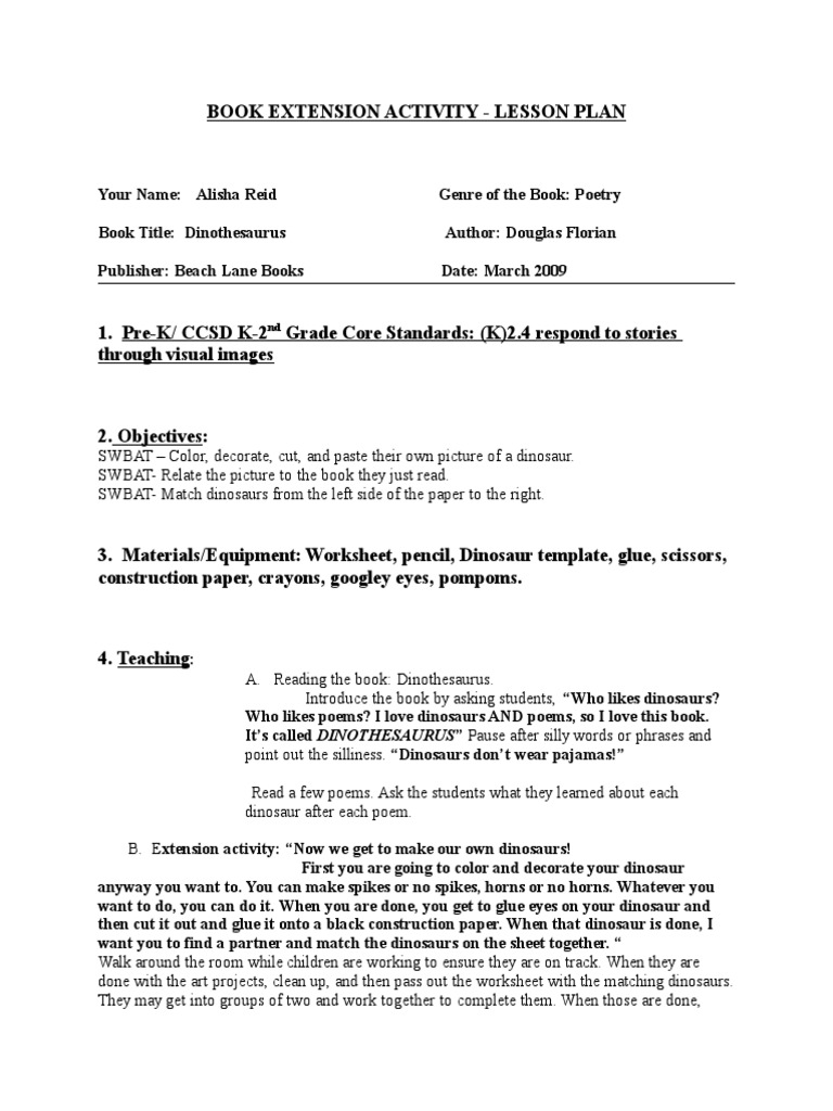 Book Extension Activity Lesson Plan - Format Only-1 Dinosaur Ece 260 ...