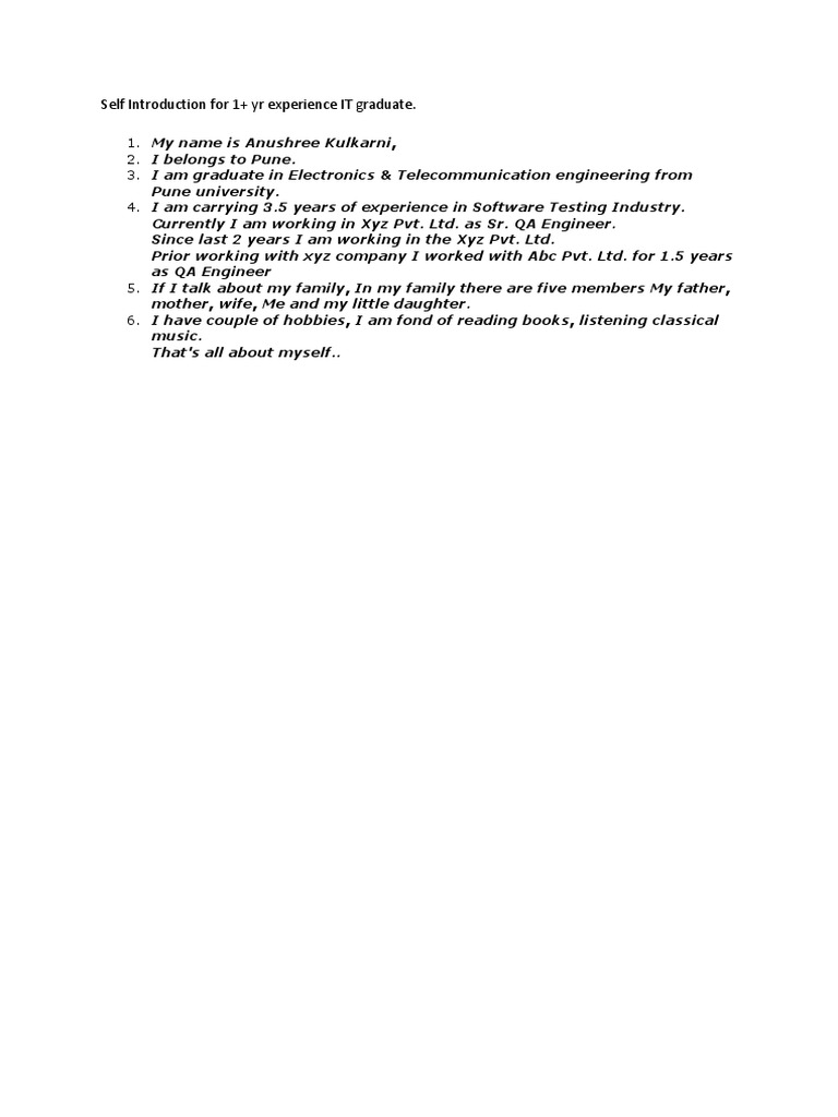Self Introduction For 1+ Yr Experience IT Graduate | PDF