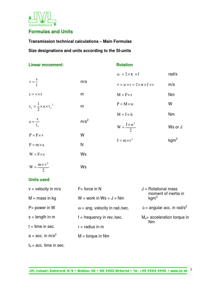 Formulas and Units for Transmission Technical Calculations | PDF ...