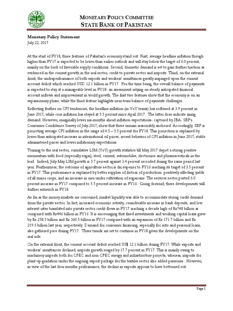 Monetary Policy Statement: Tate Ank of Akistan | PDF | Inflation ...
