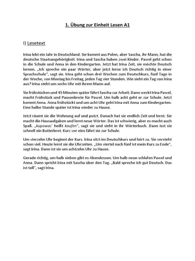 Lesen A1 mit Lösungen