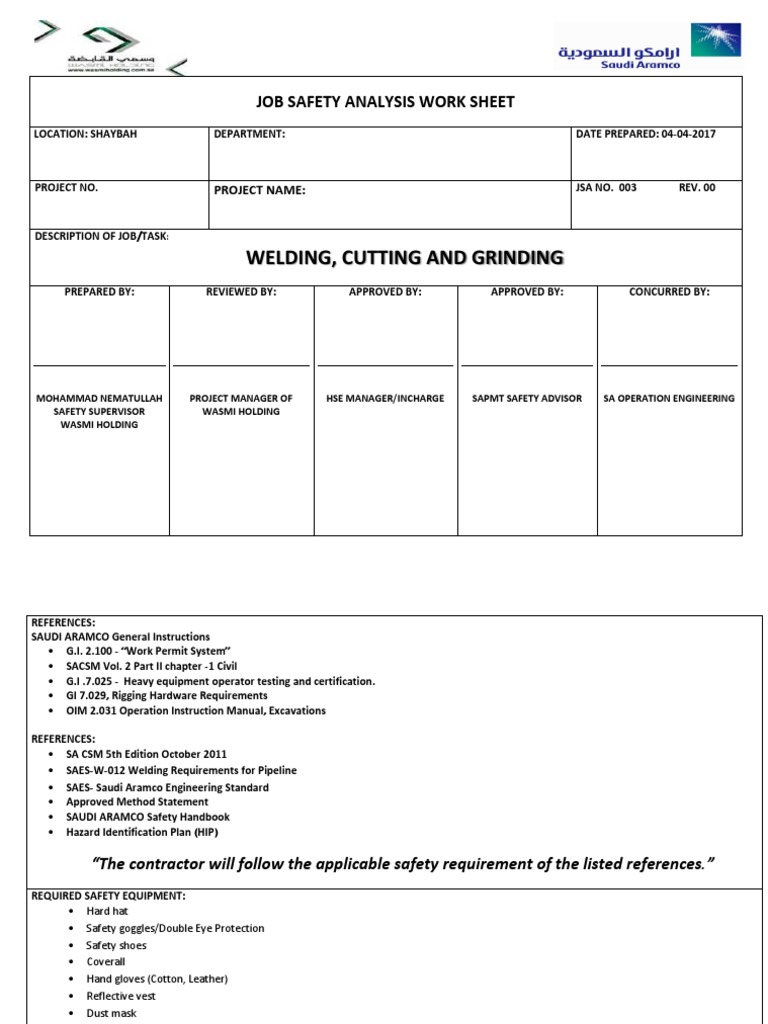 Welding, Cutting, and Grinding Safety JSA | PDF | Welding | Construction