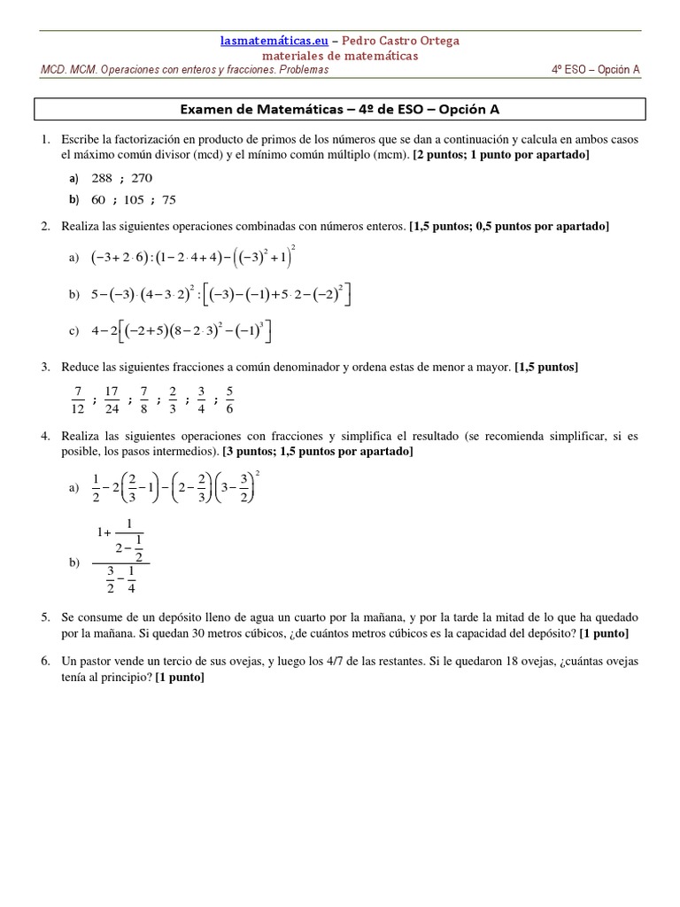 03-Mcd MCM Operaciones Enteros Fracciones Problemas-03 | Descargar gratis PDF | Fracción ...