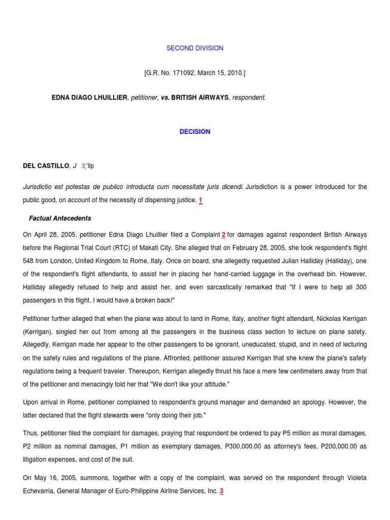 EDNA DIAGO LHUILLIER, Petitioner, vs. BRITISH AIRWAYS, Respondent | PDF ...