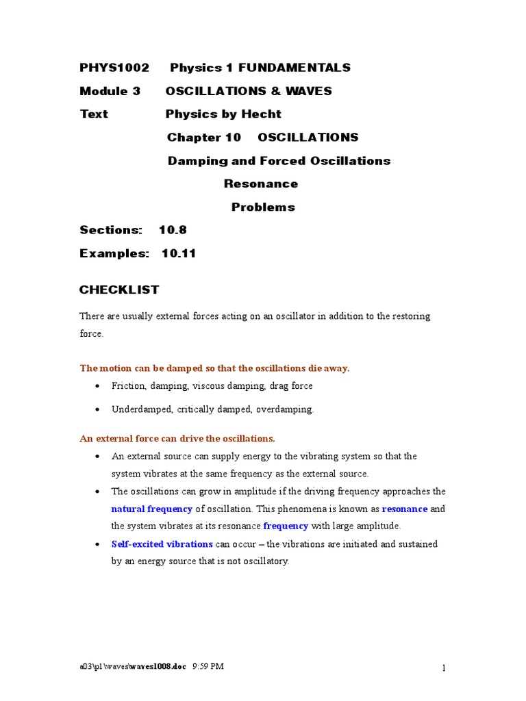 Damping and Forced Oscillations Resonance Problems | PDF | Resonance | Oscillation