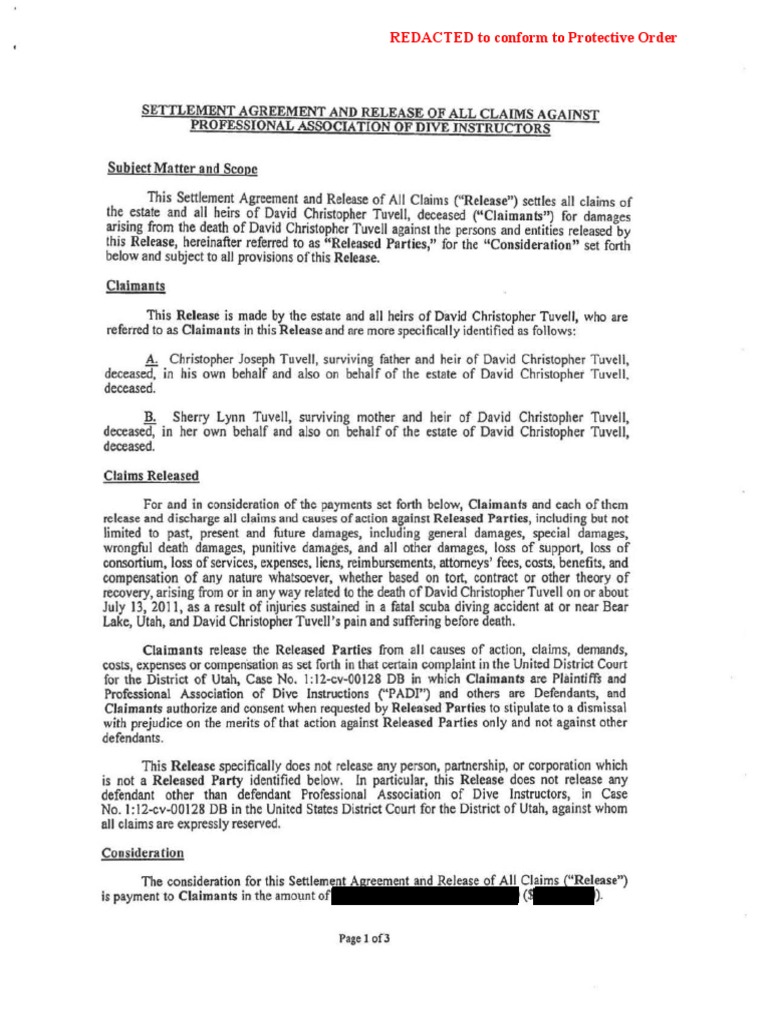 PADI-Tuvell Settlement Agreement REDACTED - Redacted | PDF