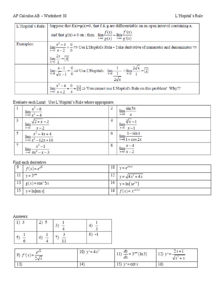 L'Hopital's Rule Worksheet | PDF