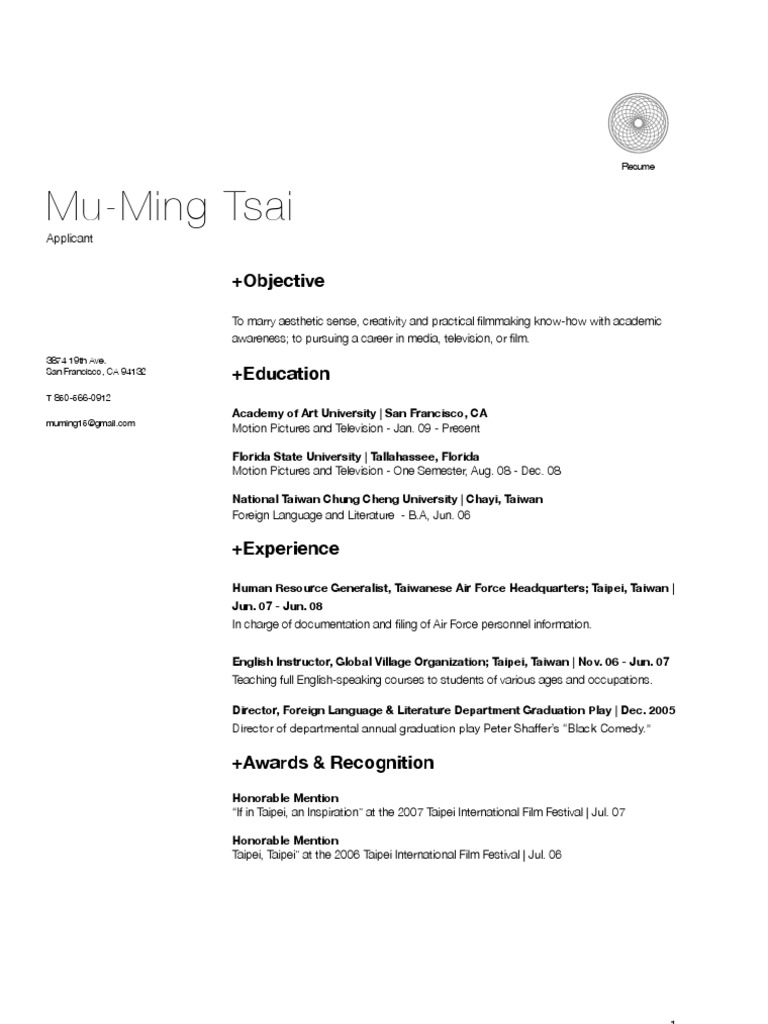 Mu-Ming Tsai - Resume | PDF | Taiwan | Leisure
