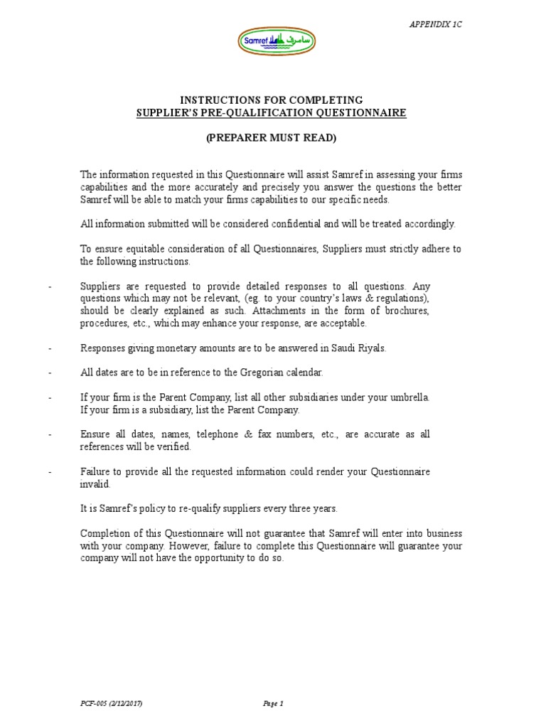 Instructions For Completing Supplier'S Pre-Qualification Questionnaire ...