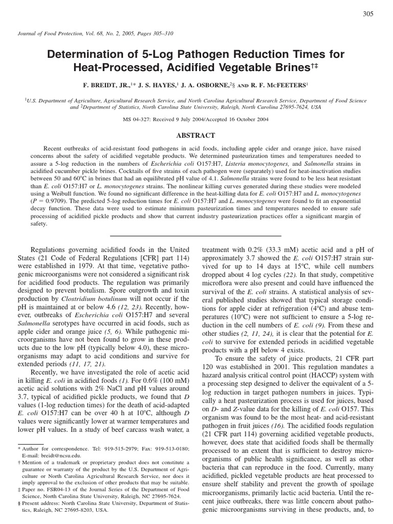 Breidt 2005 - Determination of 5-Log Pathogen Reduction Times | PDF ...