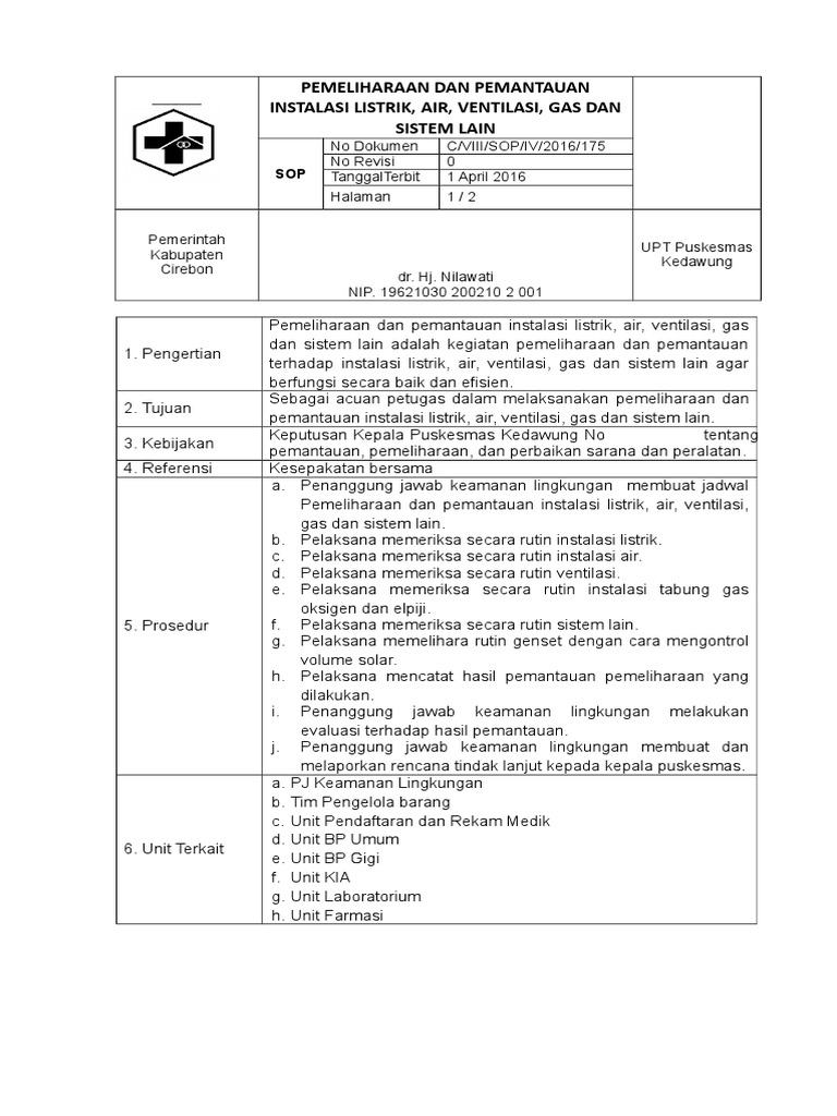 8.5.1.2. Sop Pemeliharaan Dan Pemantauan Instalasi Listrik, Air, Ventilasi, Gas Dan Sistem Lain ...