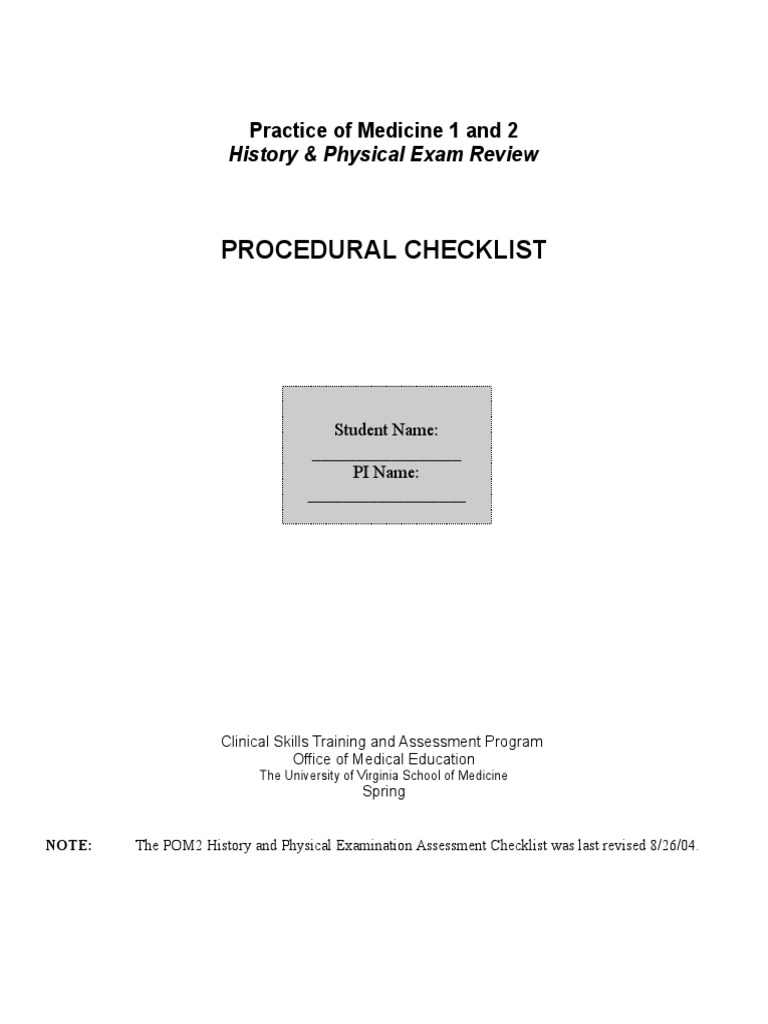 Procedural Checklist: History & Physical Exam Review | PDF | Anatomical ...