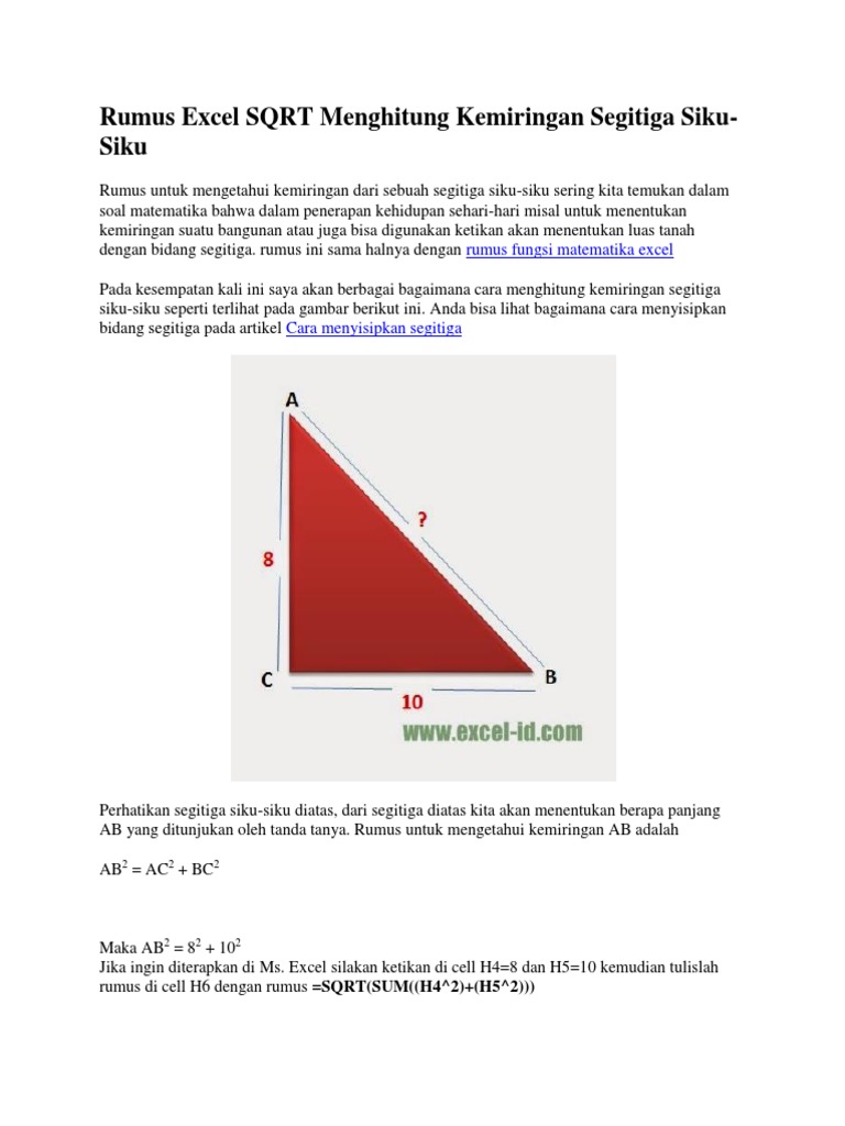 Rumus Excel SQRT Menghitung Kemiringan Segitiga Siku | PDF
