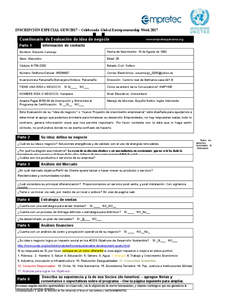 Empretec + Cuestionario de Inscripción | PDF | Marketing | Business