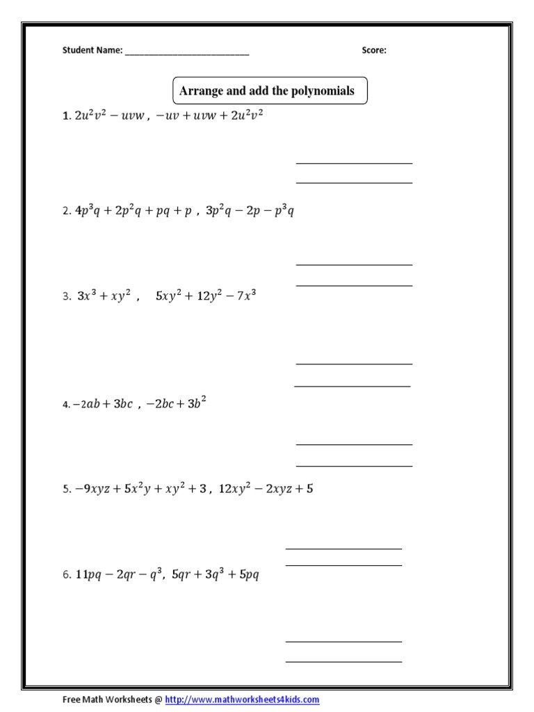Addition Polynomials-Vertical | PDF