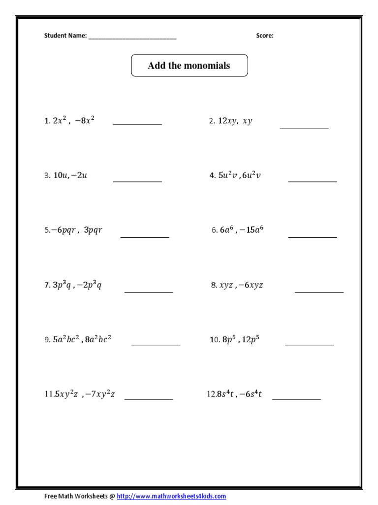 Addition Monomials | PDF