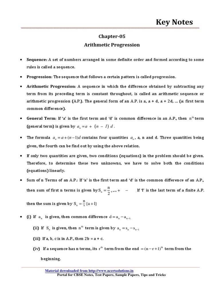 10 Maths Key Notes CH 05 Arithmetic Progression | PDF