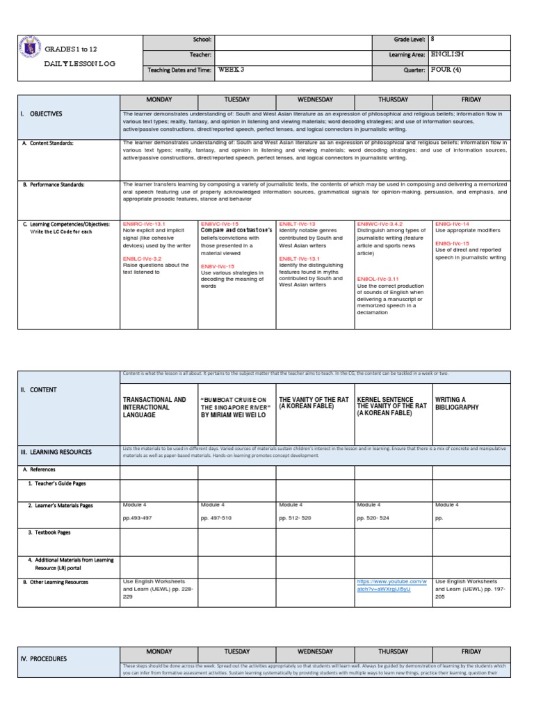 DLL Eng8 4thQ Week 3 | PDF | Learning | Teachers DLL Eng8 4thQ Week 3 | PDF | Learning | Teachers