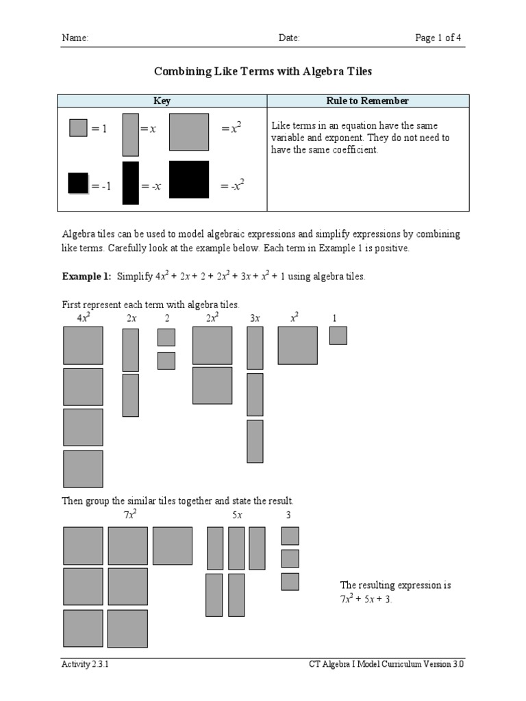 activity 2-1 3 1 combining like terms with algebra tiles | Algebra ...