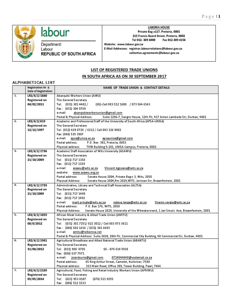 List Of Registered Trade Unions In South Africa As On 30 September 2017