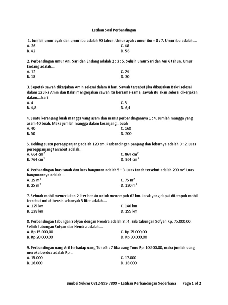 Latihan Soal Perbandingan Sederhana 5-6 SD | PDF