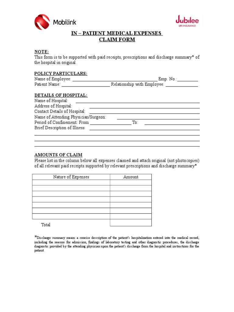 InPatient Claim Form - Jubilee Life Insurance | Patient | Medical Record
