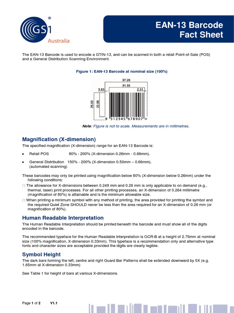 EAN-13 Barcode Fact Sheet: Magnification (X-Dimension) | PDF | Barcode ...