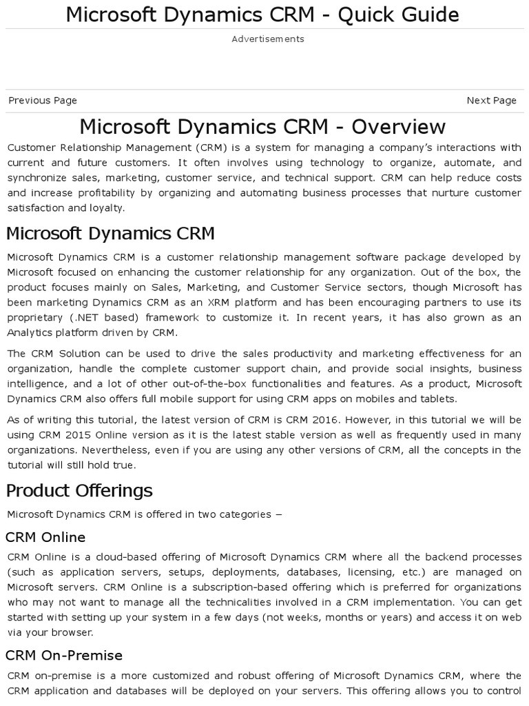 Microsoft Dynamics CRM Quick Guide | PDF | Customer Relationship ...