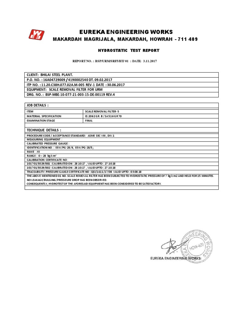 Hydrostatic Test Report for URM Filter | PDF | Calibration | Metrology