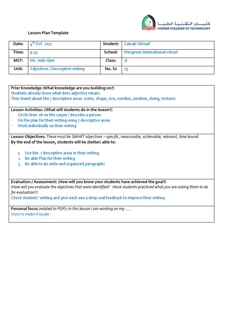Lesson Plan 2 - Descriptive Writing | PDF | Lesson Plan | Education Theory