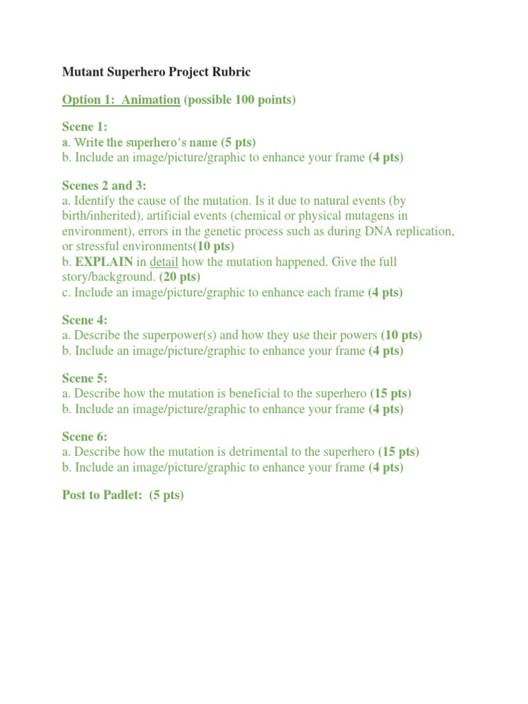 Mutant Superhero Project Rubric | PDF