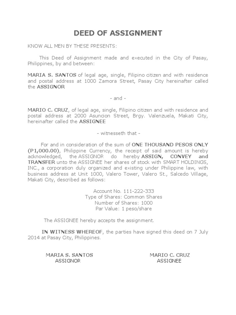 Deed of Assignment of Shares | PDF